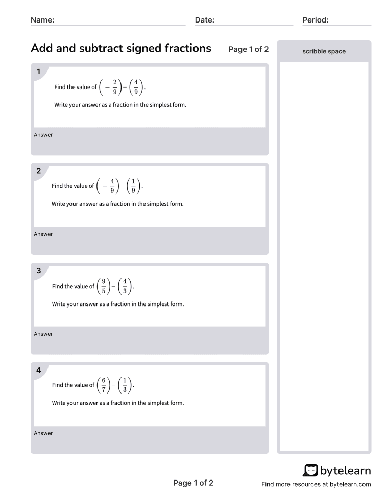 Add And Subtract Signed Fractions Worksheets PDF 7 NS A 1 D 7th