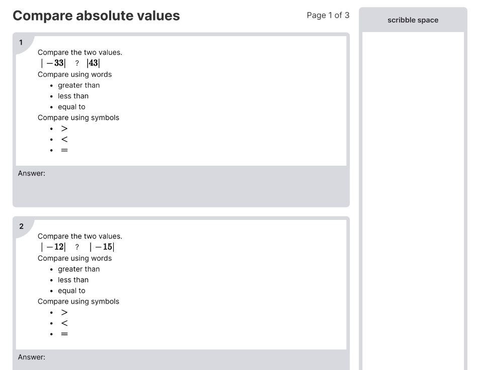 Compare Absolute Values Worksheets [PDF] (6.NS.C.8): 6th Grade Math