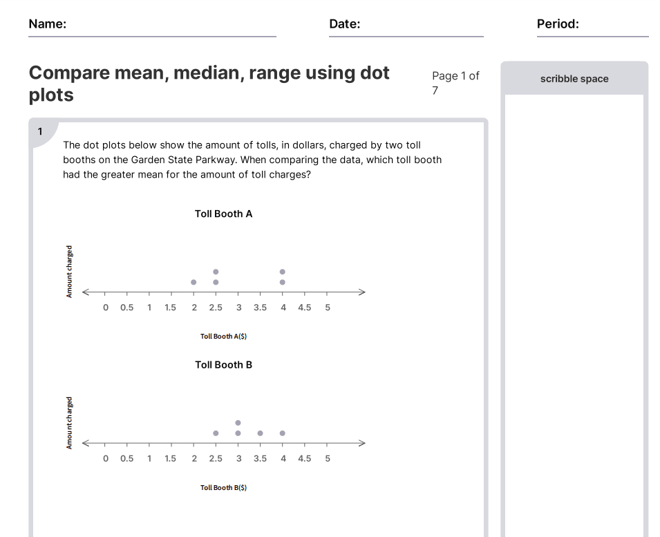Compare Mean Median Range Using Dot Plots Worksheets PDF 6 SP B 4