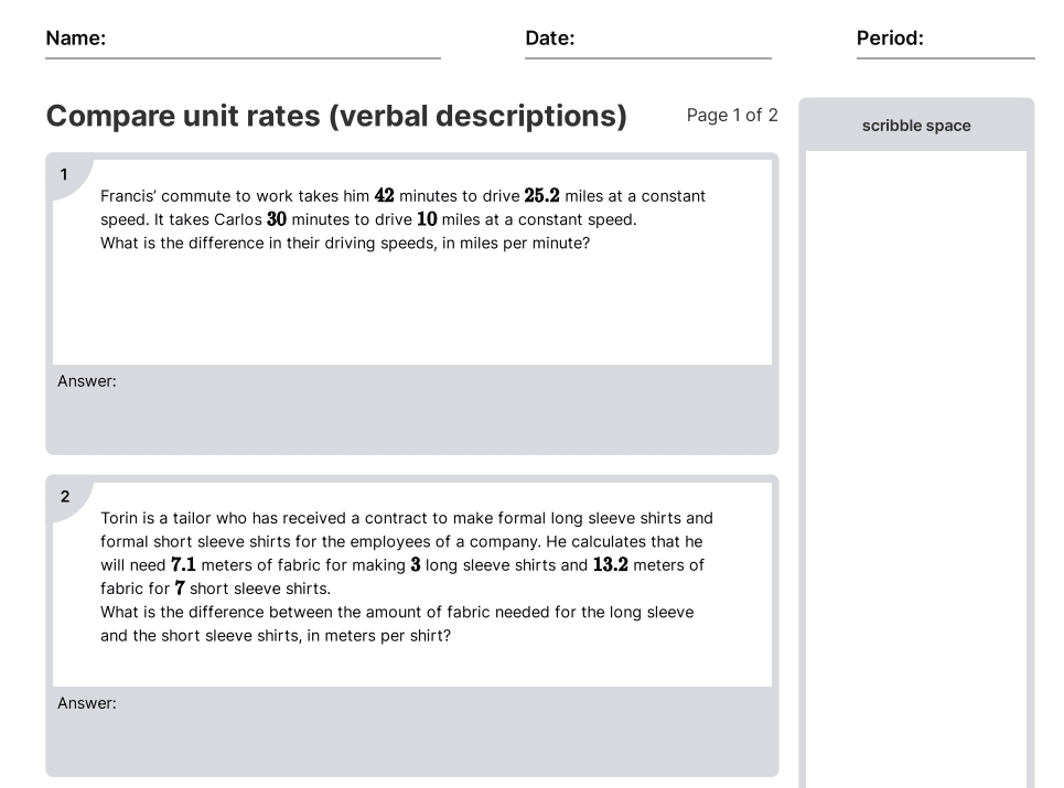 Compare Unit Rates (Verbal Descriptions) Worksheets [PDF] (7.RP.A.2.A ...
