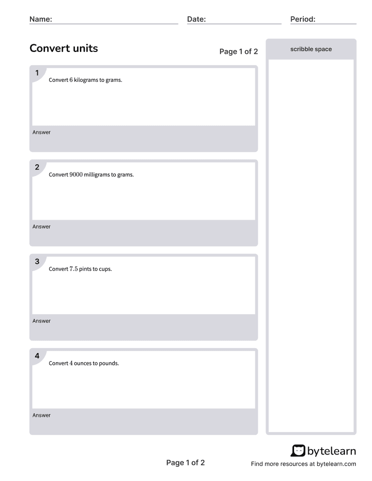 Convert Units Worksheets [PDF] (6.RP.A.3.D): 6th Grade Math