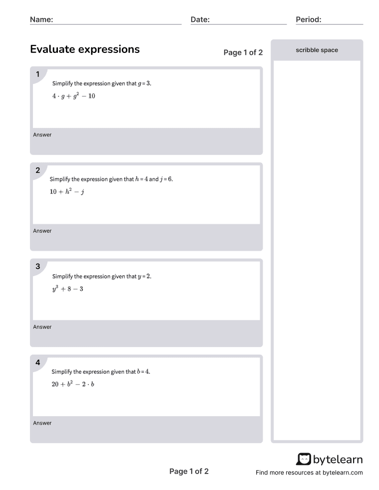 Evaluate Expressions Worksheets PDF 6 EE A 2 C 6th Grade Math