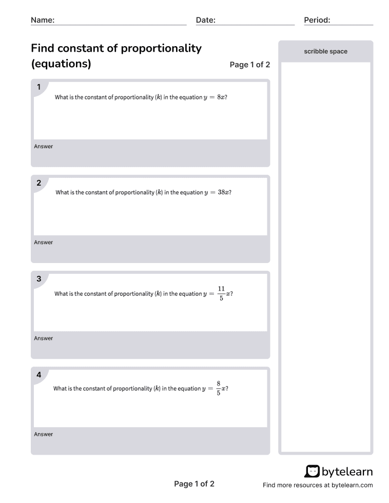 Find Constant Of Proportionality Equations Worksheets PDF 7 RP A 2