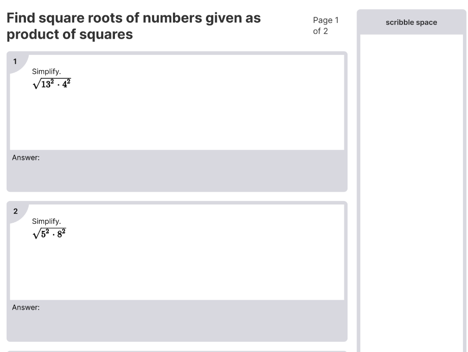 Find Square Roots Of Numbers Given As Product Of Squares Worksheets [PDF] (8.EE.A.1): 8th Grade Math