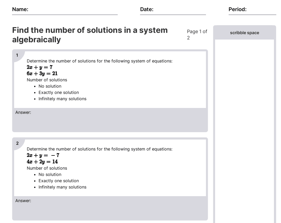 Find The Number Of Solutions In A System Algebraically Worksheets [PDF ...
