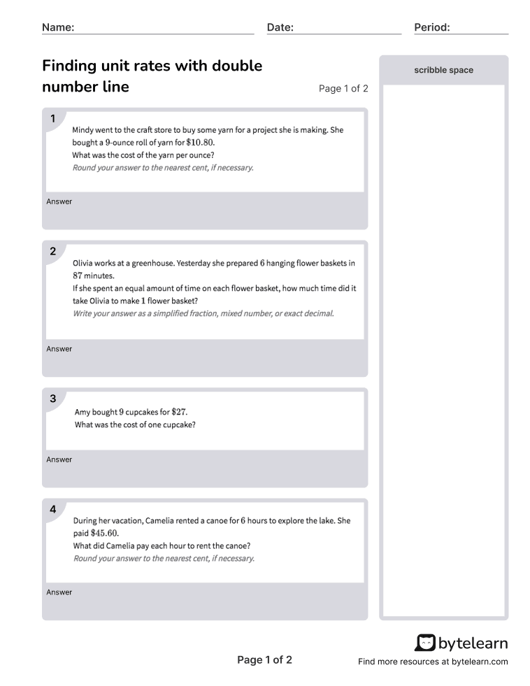 Find Unit Rates With Double Number Line (Word Problems) Worksheets [PDF ...