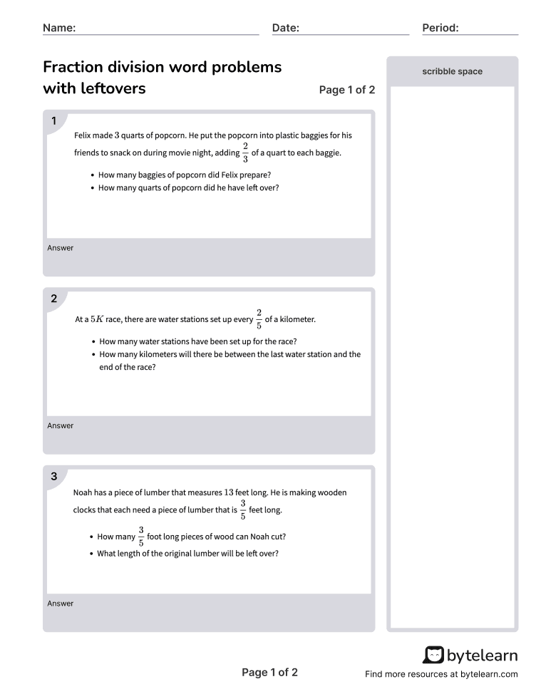 Fraction Division Word Problems With Left Overs Worksheets PDF 6 NS