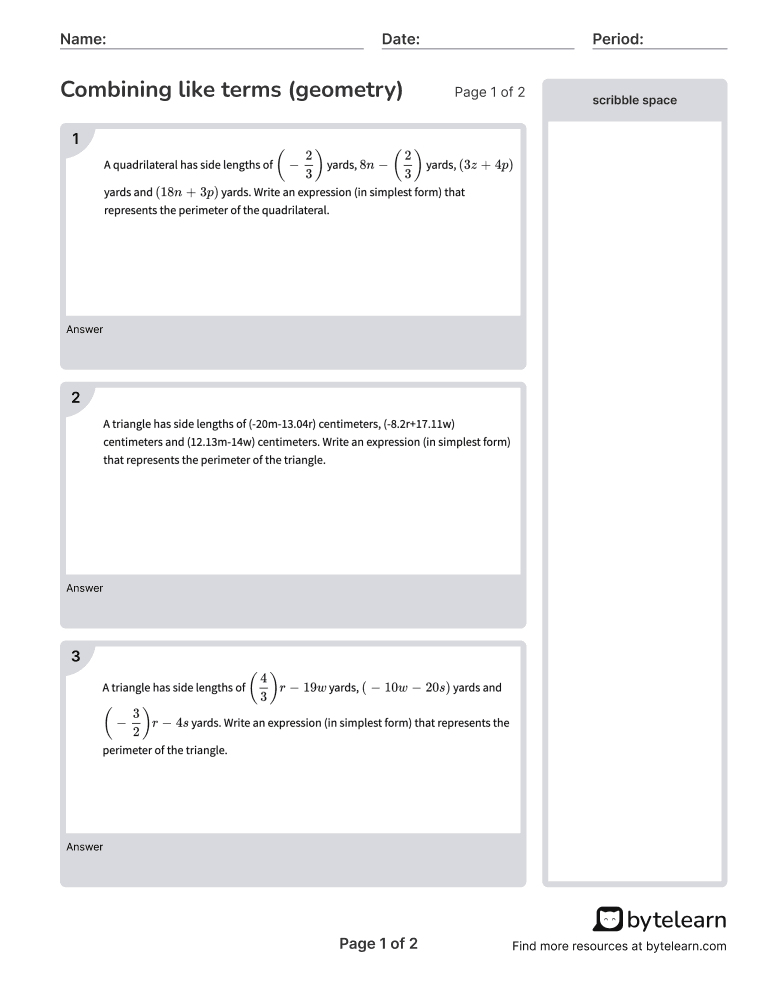 Geometry Combining Like Terms Worksheet 7th Grade Math