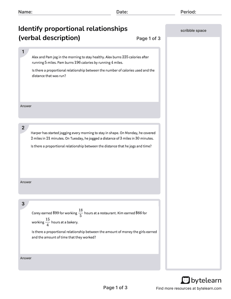 Identify Proportional Relationships (Verbal Descriptions) Worksheets ...