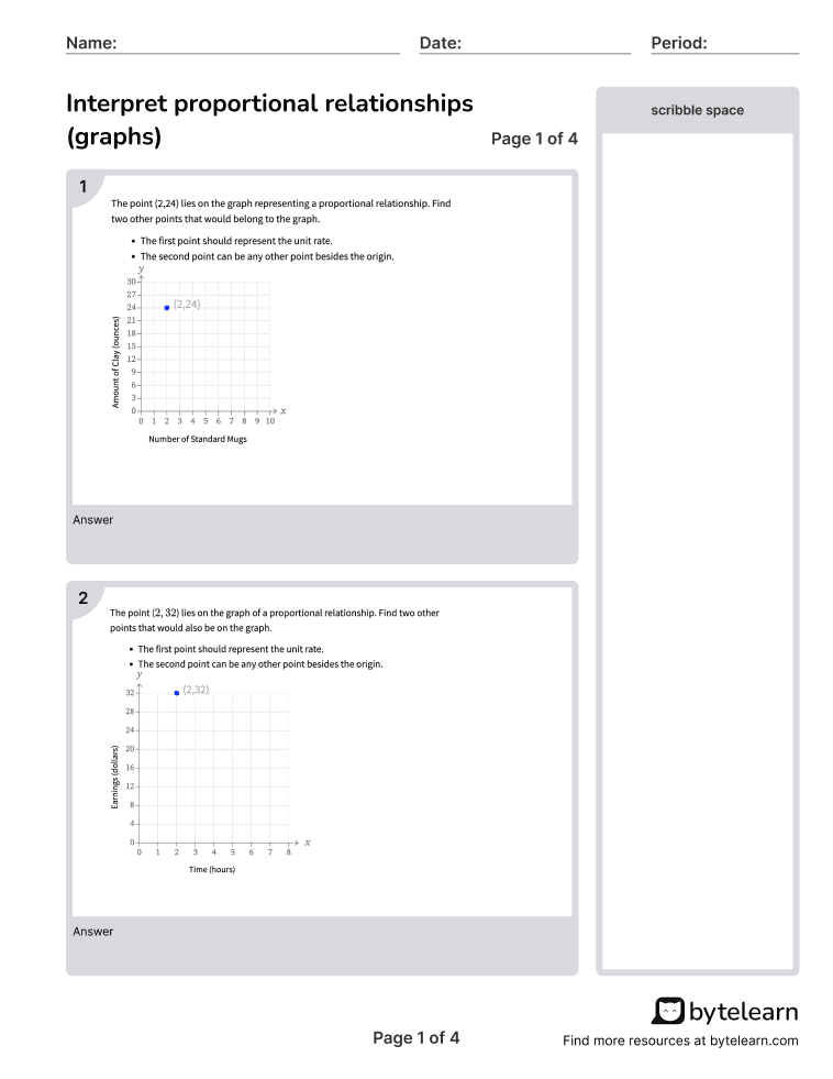 Interpret Proportional Relationships Graphs Worksheets PDF 7 RP A