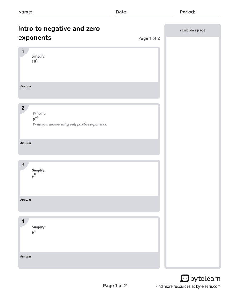 Intro To Negative And Zero Exponents Worksheets PDF 8 EE A 1 8th