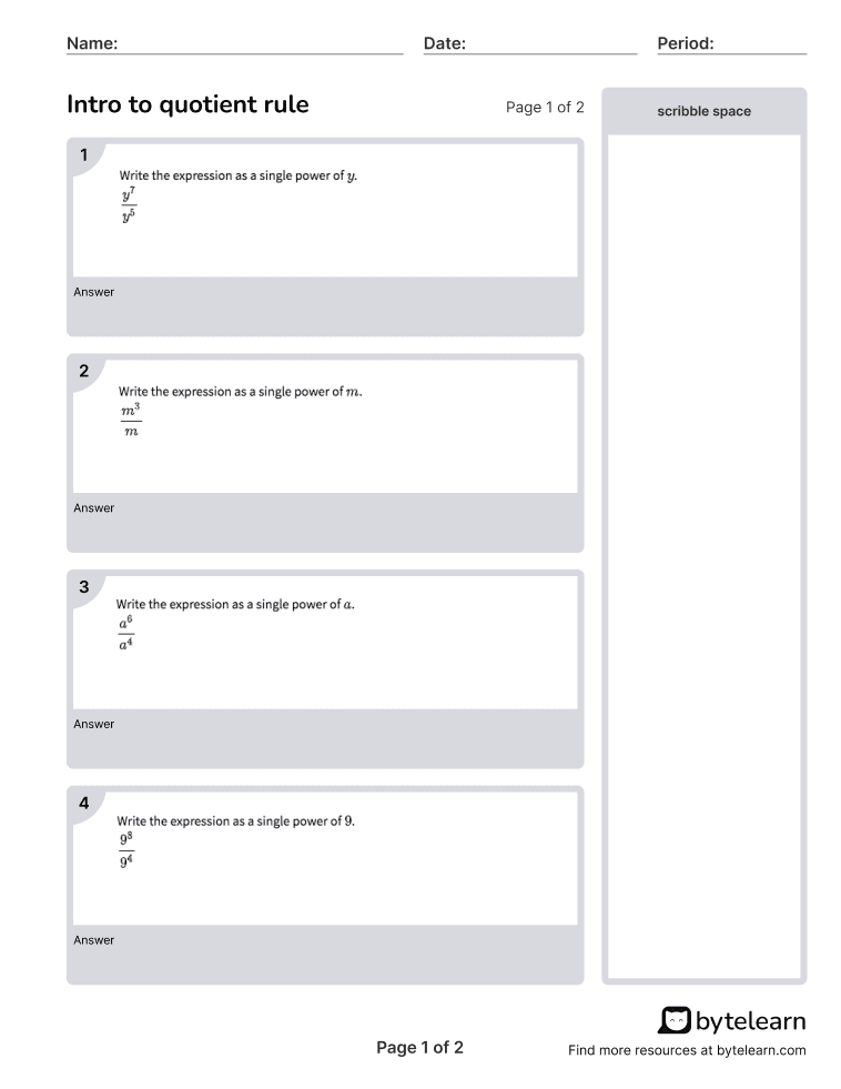 Intro To Quotient Rule Worksheets PDF 8 EE A 1 8th Grade Math