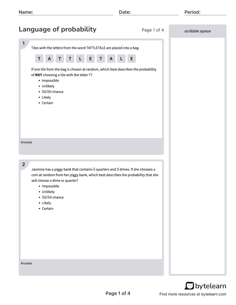 Language Of Probability Worksheets PDF 7 SP C 5 7th Grade Math