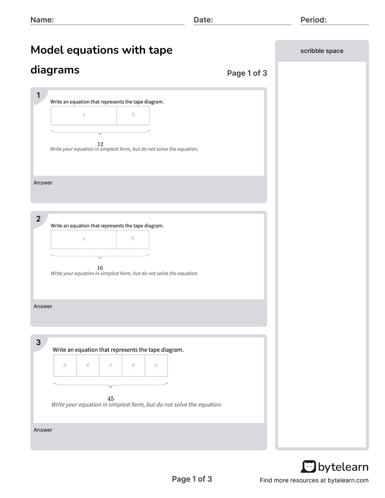 Model Equations With Tape Diagrams Worksheets PDF 6 EE B 6 6th
