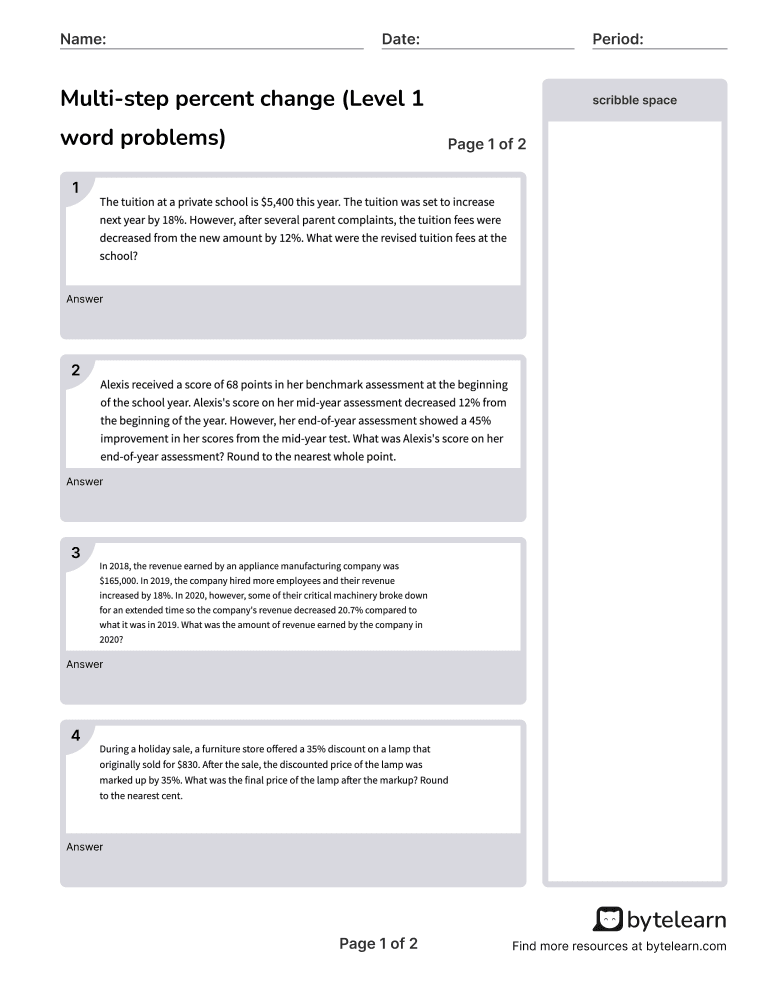 Multi-Step Percent Change (Level 1 Word Problems) Worksheets [PDF] (7 ...