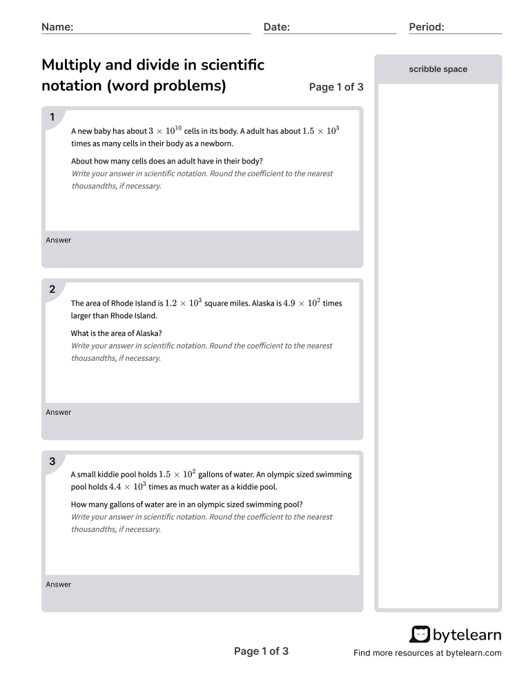 Multiply And Divide In Scientific Notation Word Problems Worksheets
