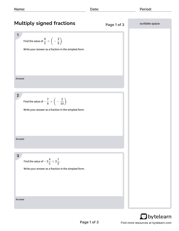 Multiply Signed Fractions Worksheets PDF 7 NS A 2 A 7th Grade Math