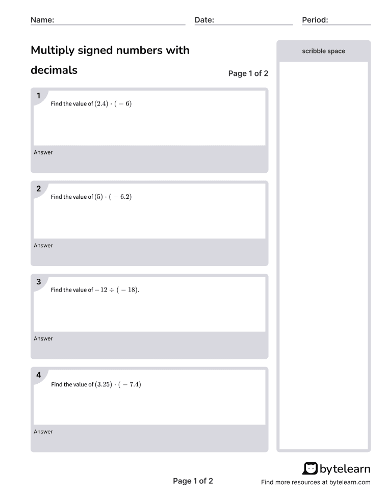 Multiply Signed Numbers With Decimals Worksheets [PDF] (7.NS.A.2.A ...