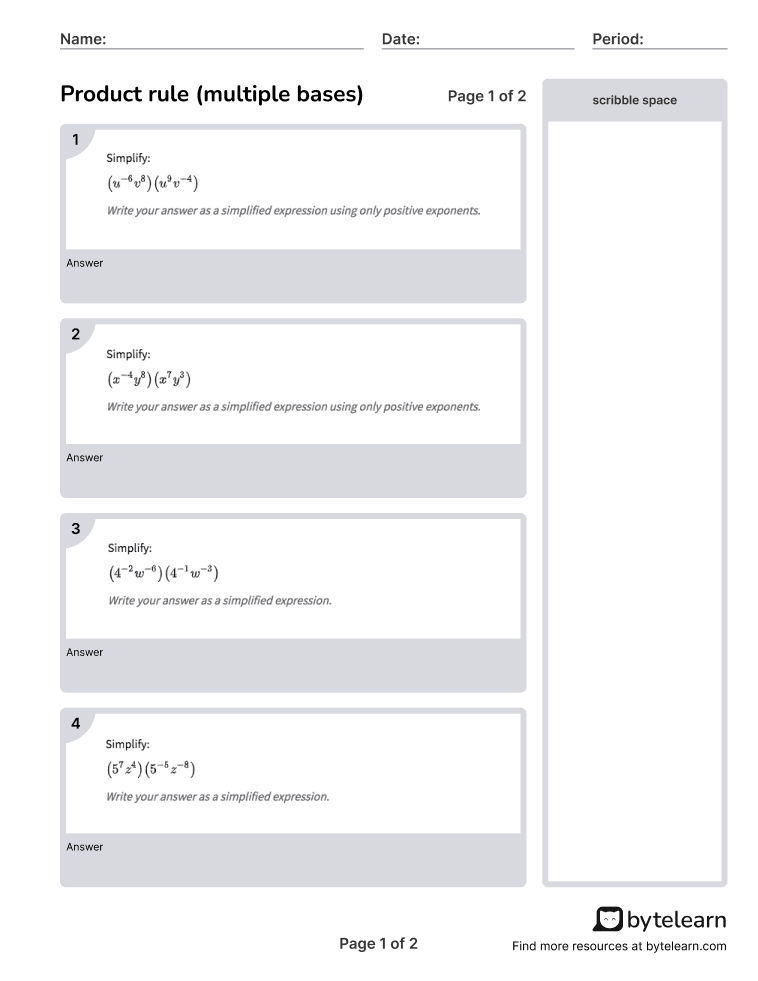 Product Rule Multiple Bases Worksheets PDF 8 EE A 1 8th Grade Math