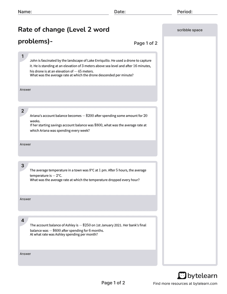 Rate Of Change Level 2 Word Problems Worksheets PDF 7 NS A 3 7th 