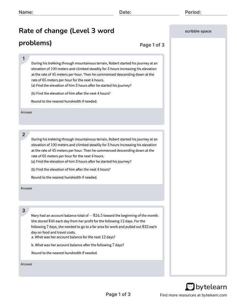 Rate Of Change Level 3 Word Problems Worksheets PDF 7 NS A 3 7th 