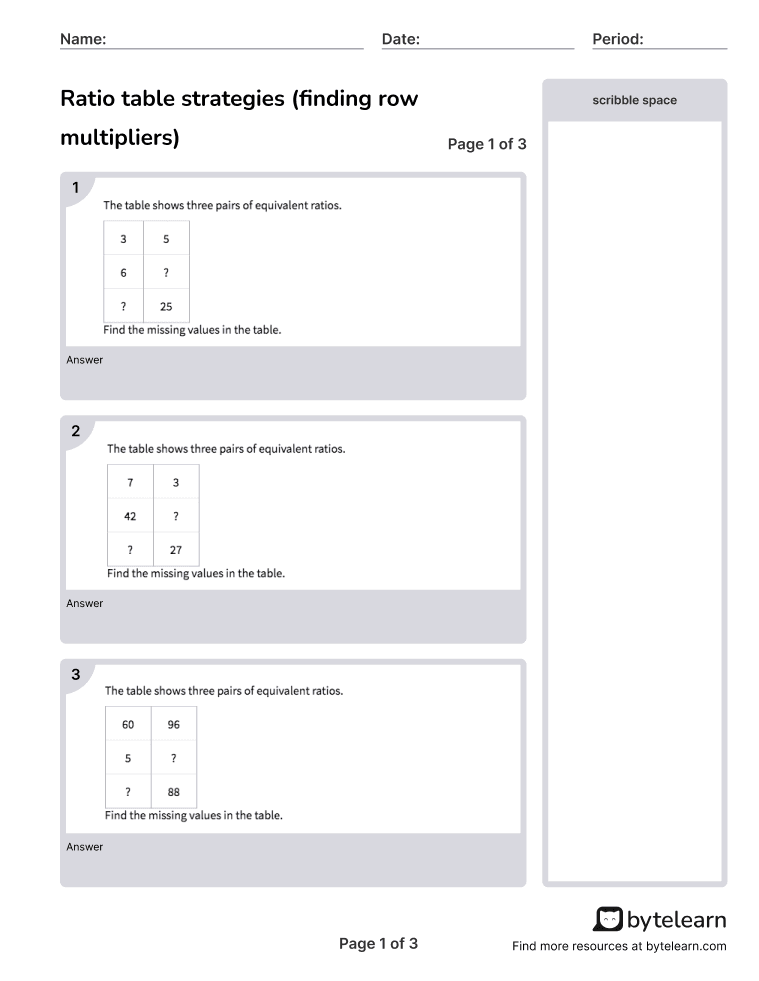 Ratio Table Strategies (Finding Row Multipliers) Worksheets [PDF] (6.RP ...