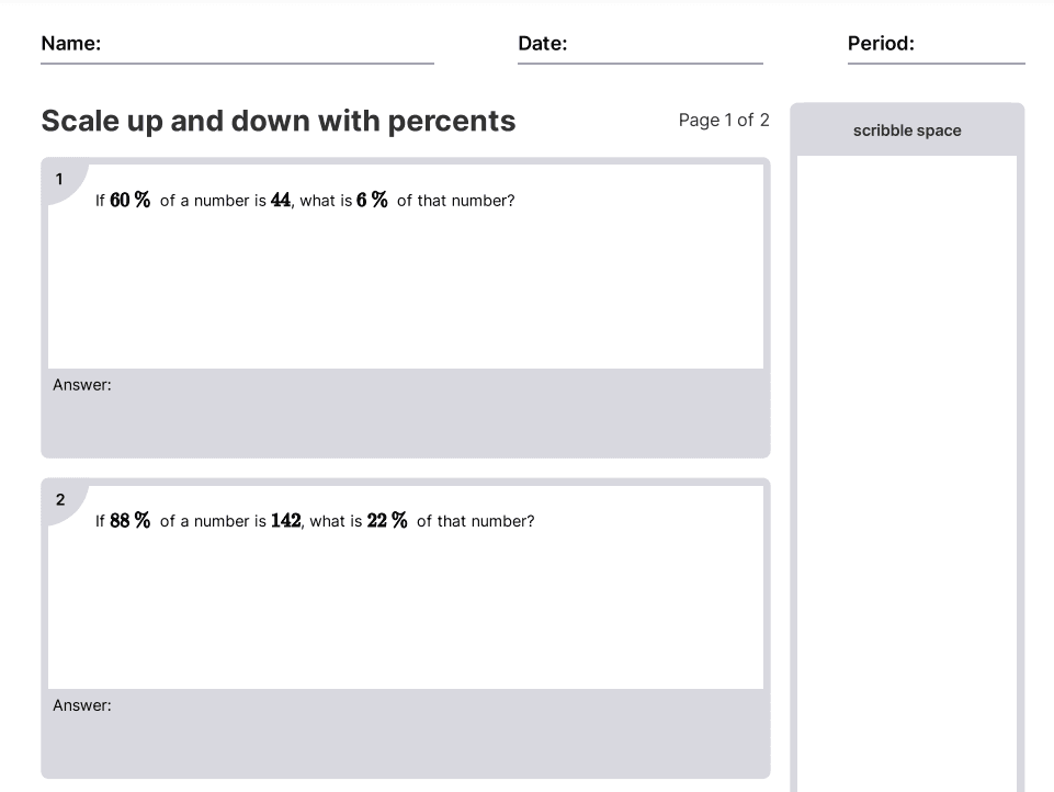 Scale Up And Down With Percents Worksheets [PDF] (6.NS.A.1): 6th Grade Math