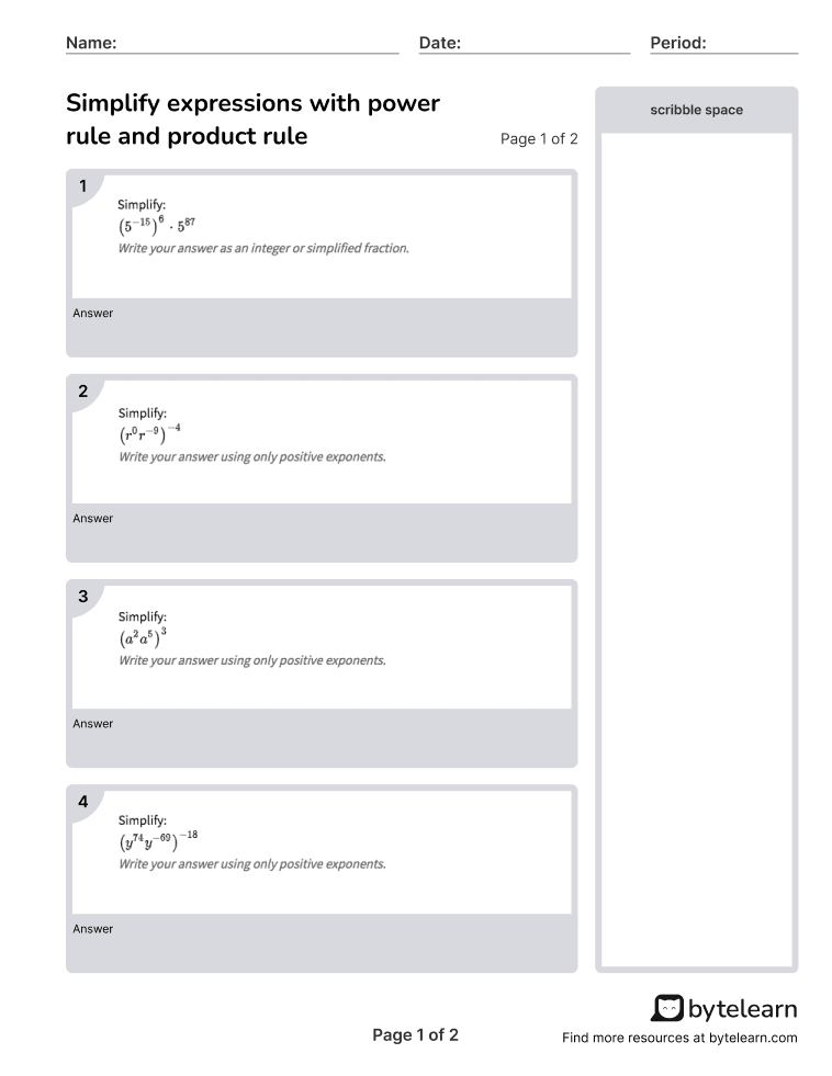 Simplify Expressions With Power Rule And Product Rule Worksheets [PDF ...