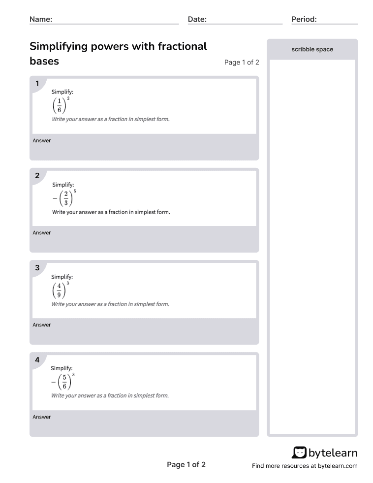 Simplify Powers With Fractional Bases Worksheets [PDF] (8.EE.A.1): 8th ...