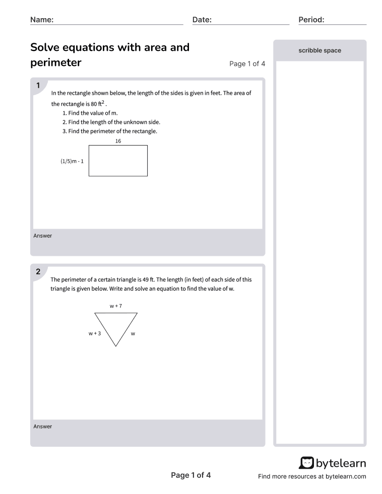 Solve Equations With Area And Perimeter Worksheets [PDF] (7.EE.B.4.A ...