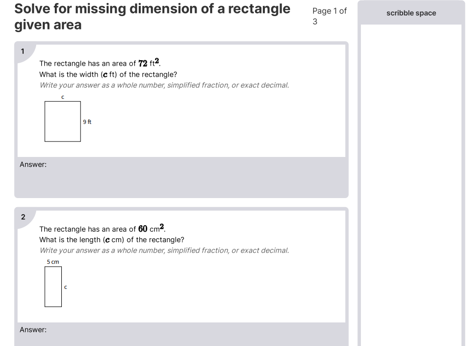 Solve For Missing Dimension Of A Rectangle Given Area Worksheets PDF