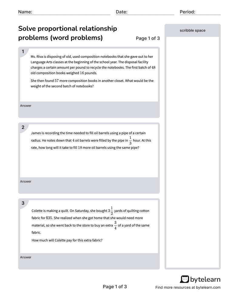 Solve Proportional Relationship Problems Word Problems Worksheets 