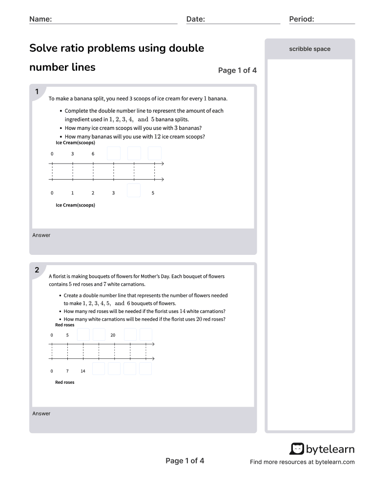 Solve Ratio Problems Using Double Number Lines Worksheets PDF 6 RP A 