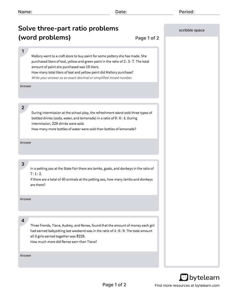 Solve Three Part Ratio Problems Word Problems Worksheets PDF 6 RP 