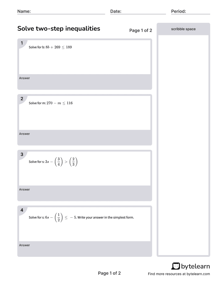 Solve Two Step Inequalities Worksheets PDF 7 EE B 4 A 7th Grade Math