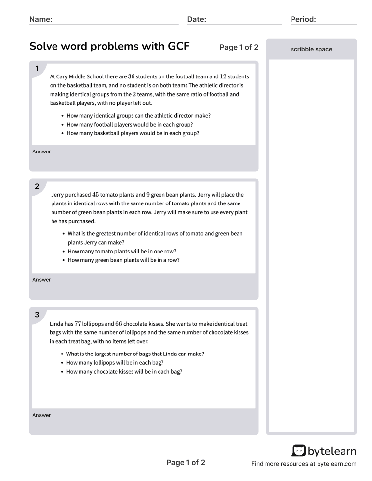 Solve Word Problems With Gcf Worksheets PDF 6 NS B 4 6th Grade Math