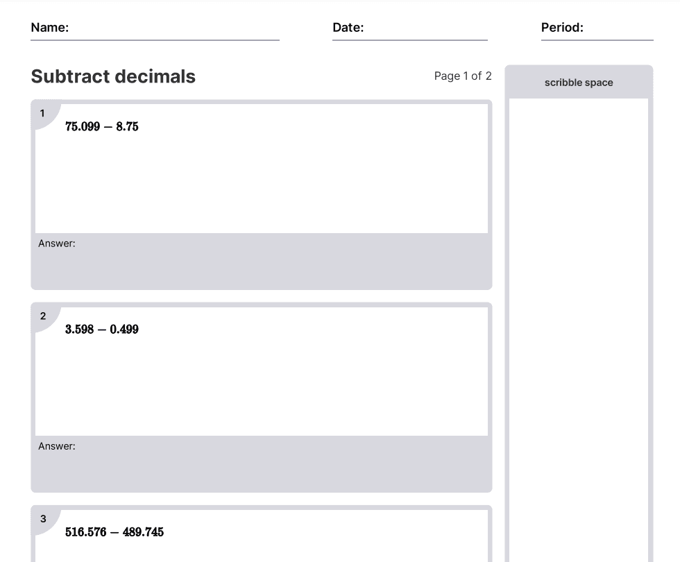 Subtract Decimals Worksheets [PDF] (6.NS.A.1): 6th Grade Math