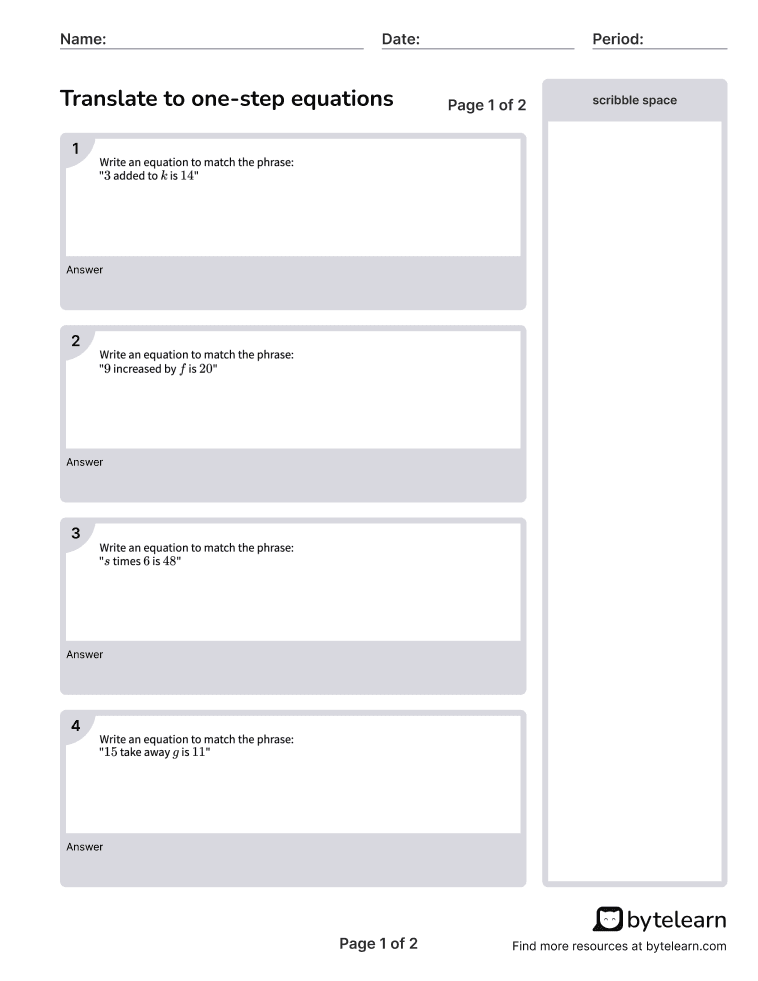 Translate To One-Step Equations Worksheets [PDF] (6.EE.A.1): 6th Grade Math