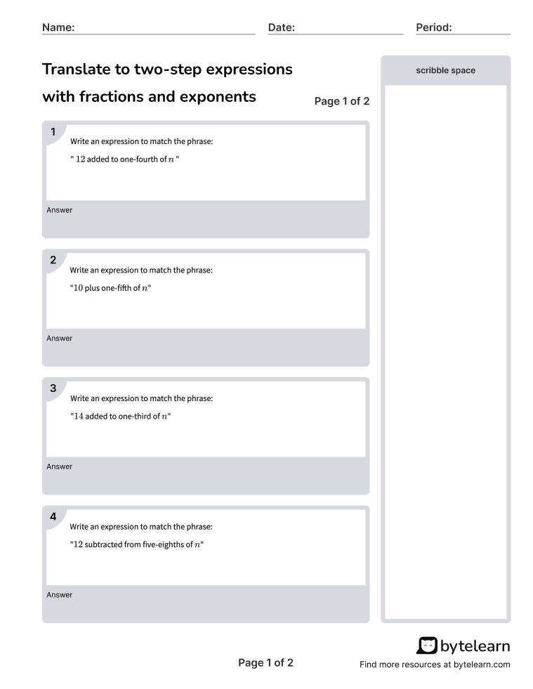 Translate To Two-Step Expressions With Fractions And Exponents ...