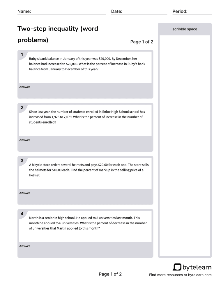 Two Step Inequality Word Problems Worksheets PDF 7 EE B 4 B 7th