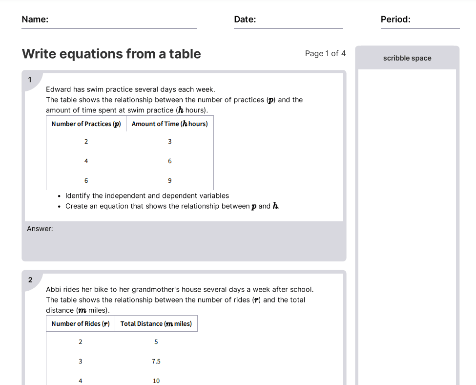 Write Equations From A Table Worksheets PDF 6 NS A 1 6th Grade Math