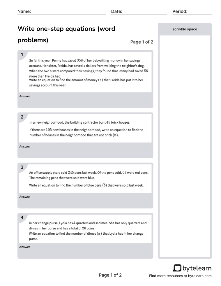 Write One Step Equations Word Problems Worksheets PDF 6 EE A 2 A