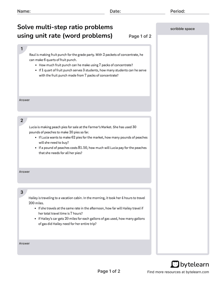 Solve Multi Step Problems Using Unit Rate Word Problems Worksheets