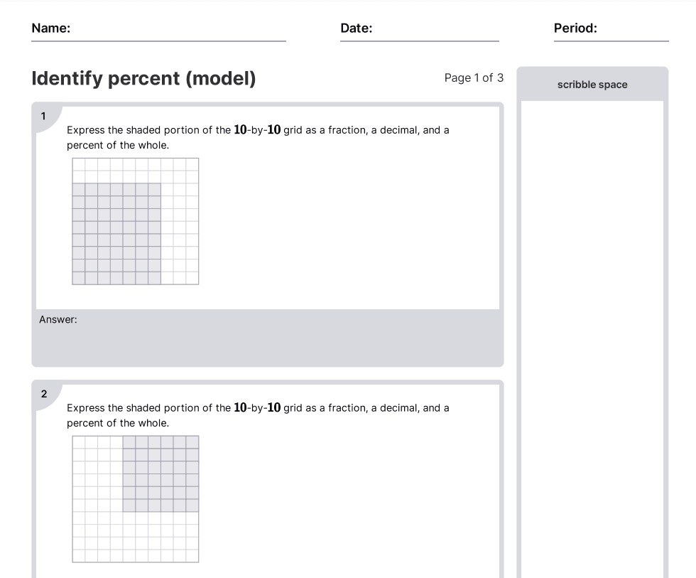 Identify Percent (Model) Worksheets [PDF] (6.NS.A.1): 6th Grade Math