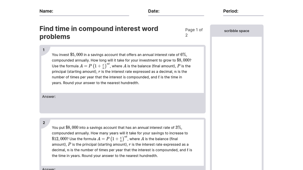Compound Interest Formula Worksheet Pdf