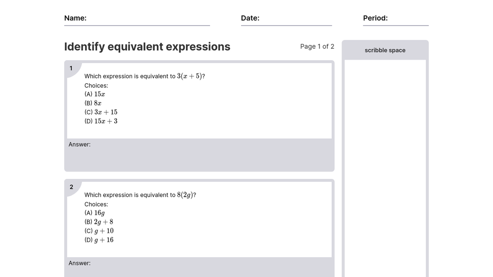 Equivalent Expressions Worksheets