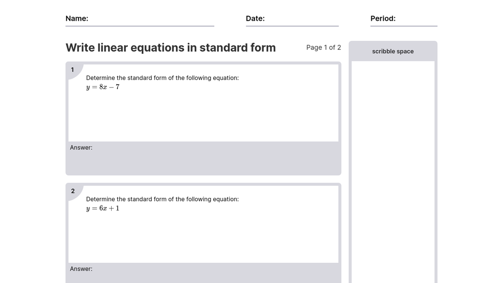 Writing Linear Equations In Standard Form Worksheet Solved Algebra 1A