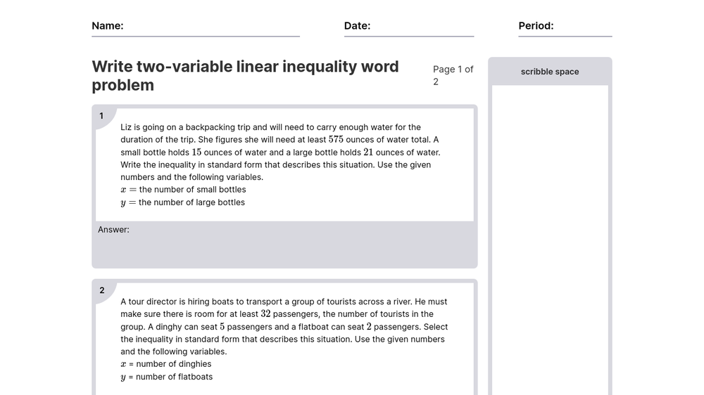 Inequality Word Problem Worksheet