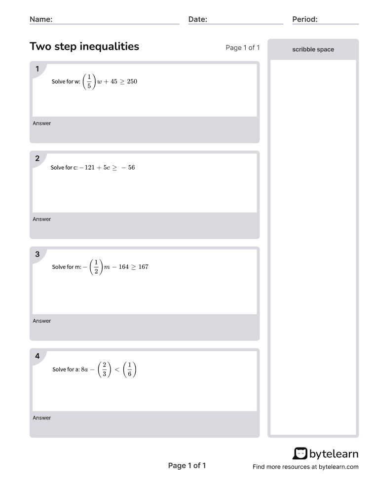 Two Step Inequality Word Problems Worksheets PDF 7 EE B 4 B 7th